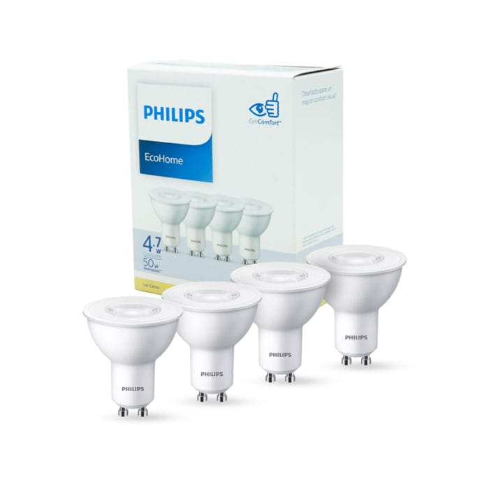 PACK DE 4 DICROICOS LED PHILIPS GU10 ECO HOME 4.7W, 2.700°K - Ledconcept